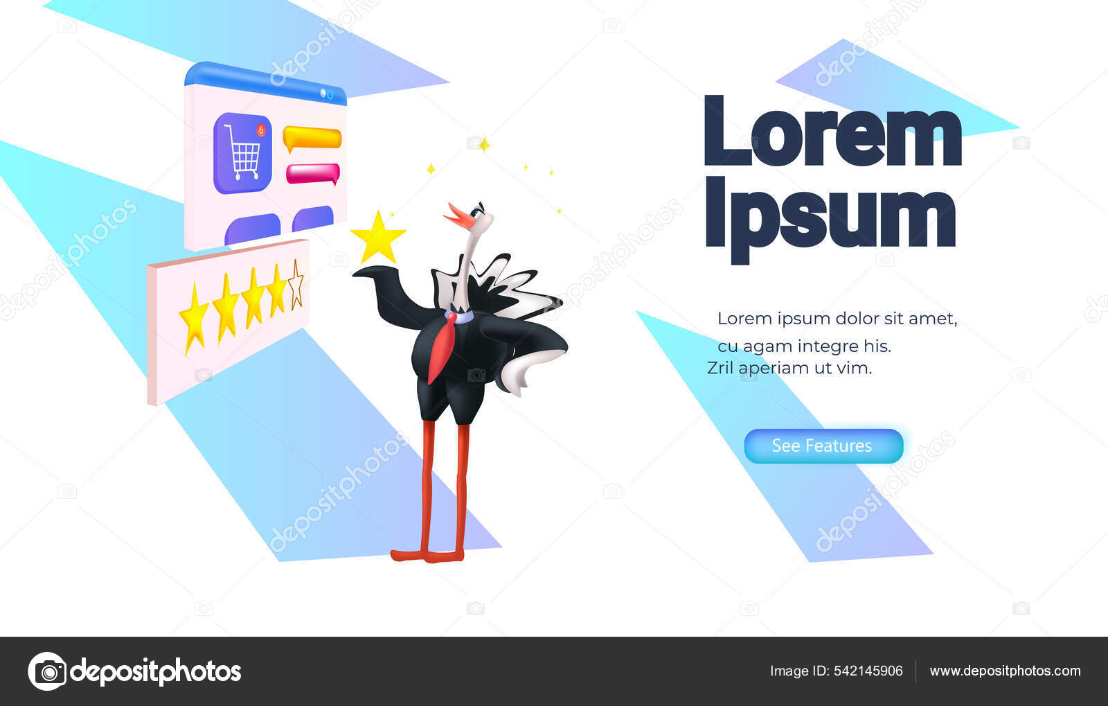 Cute ostrich holding review stars rating customer feedback satisfaction ...