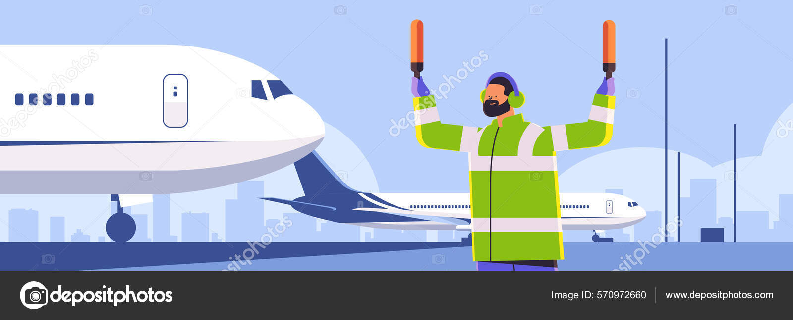 Aviation marshaller supervisor near aircraft air traffic controller ...