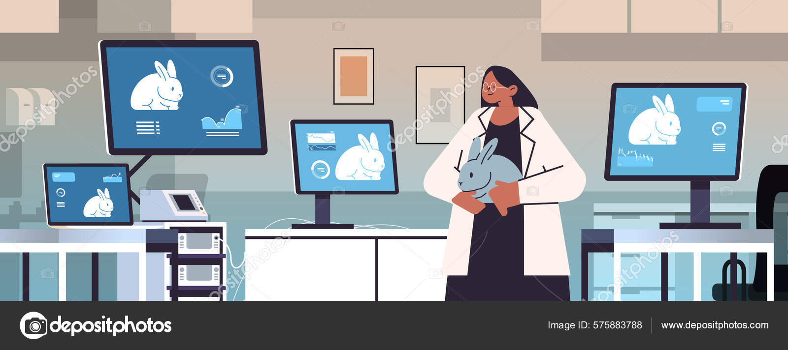 Scientist Work Desktop Rabbits Screens Veterinary Worker Doing ...