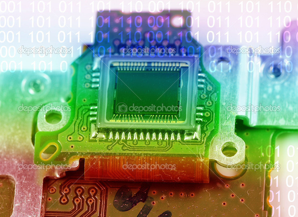 CCD sensor on a card of digital camera with fiber optical background ...