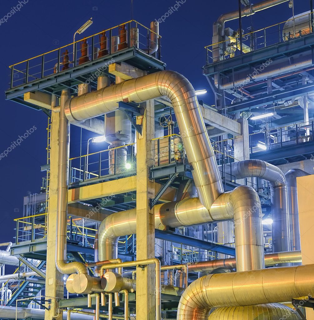 Refinery industrial plant with Industry boiler at night — Stock Photo ...