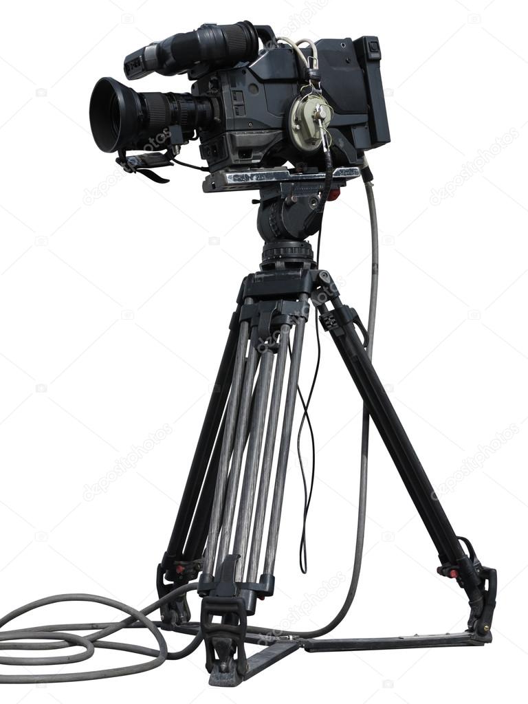 Professional video camera set on a tripod isolated over white Stock ...