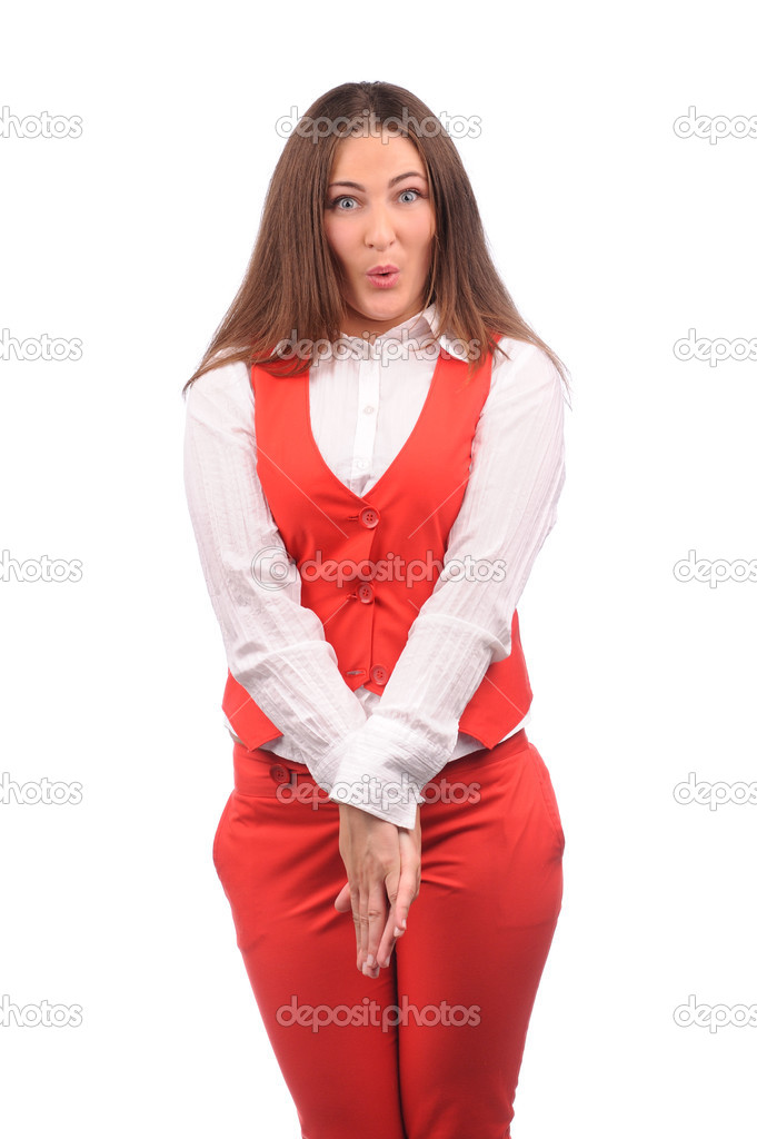 Funny woman in red jacket with different funny emotions — Stock Photo ...
