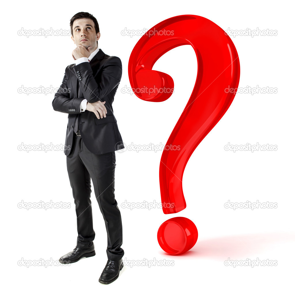 hombre de negocios y un gran interrogante, sobre fondo blanco — Fotos ...