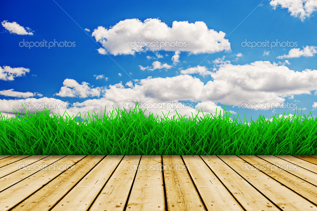 Fondo con pasto verde fresco, piso de madera y cielo azul — Foto de ...