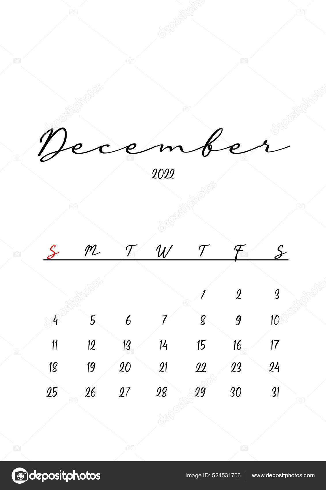 2022 December Month Calendar Template Minimalistic Design Stock Photo ...