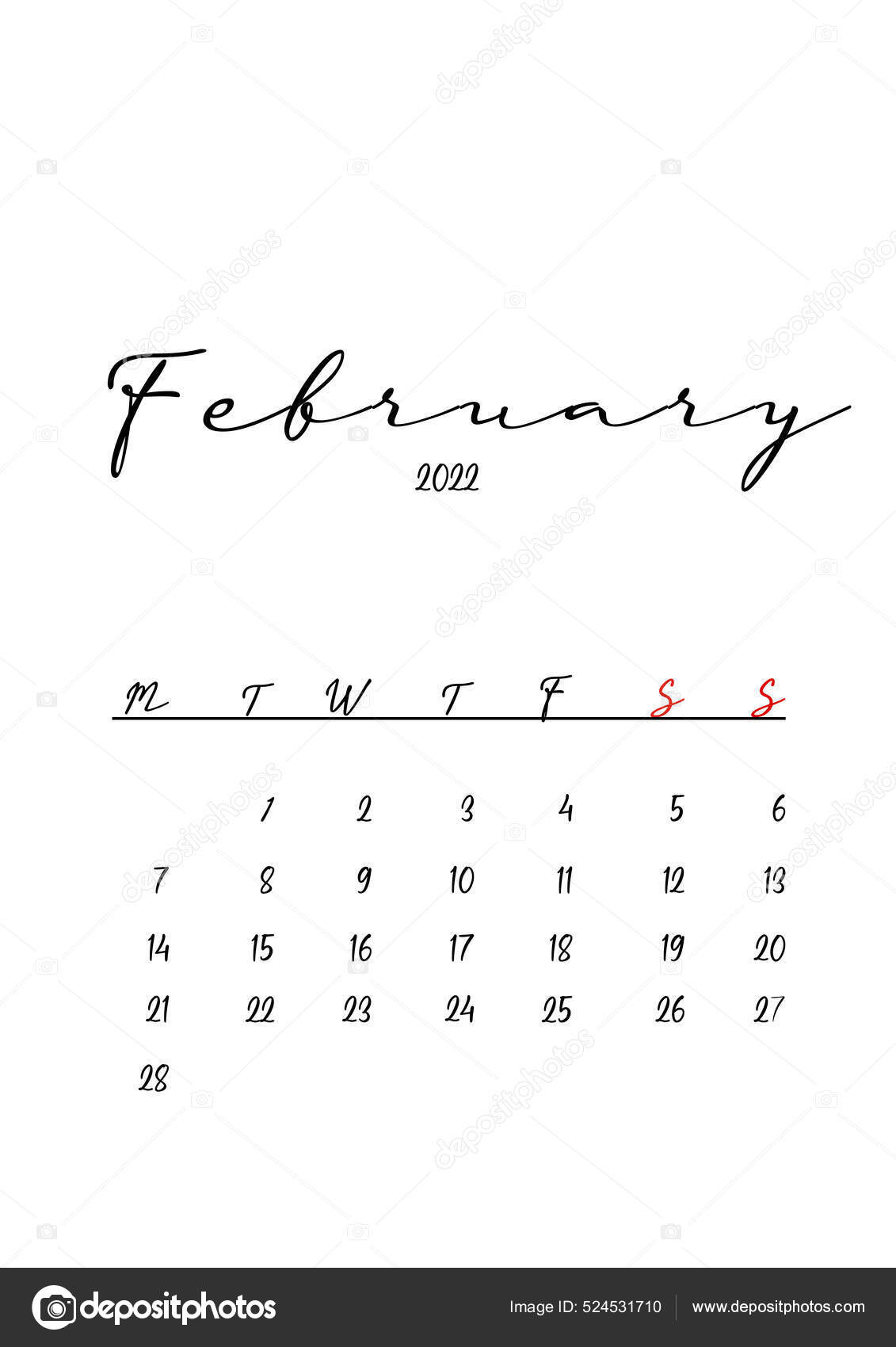 2022 February Month Calendar Template Minimalistic Design Stock Photo ...