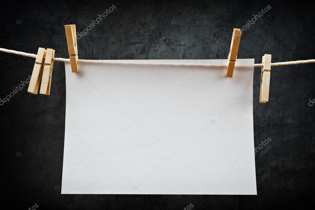 Blank note paper hanging on rope with clothes pins — Stock Photo ...