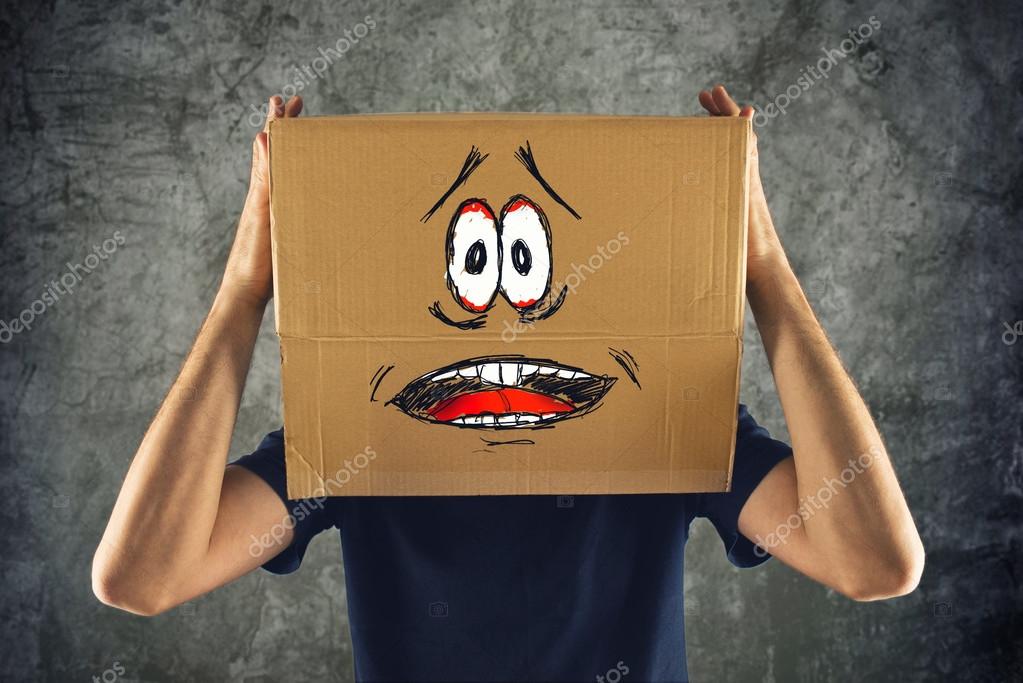 Man with cardboard box on his head and terrified look skethed — Stock ...