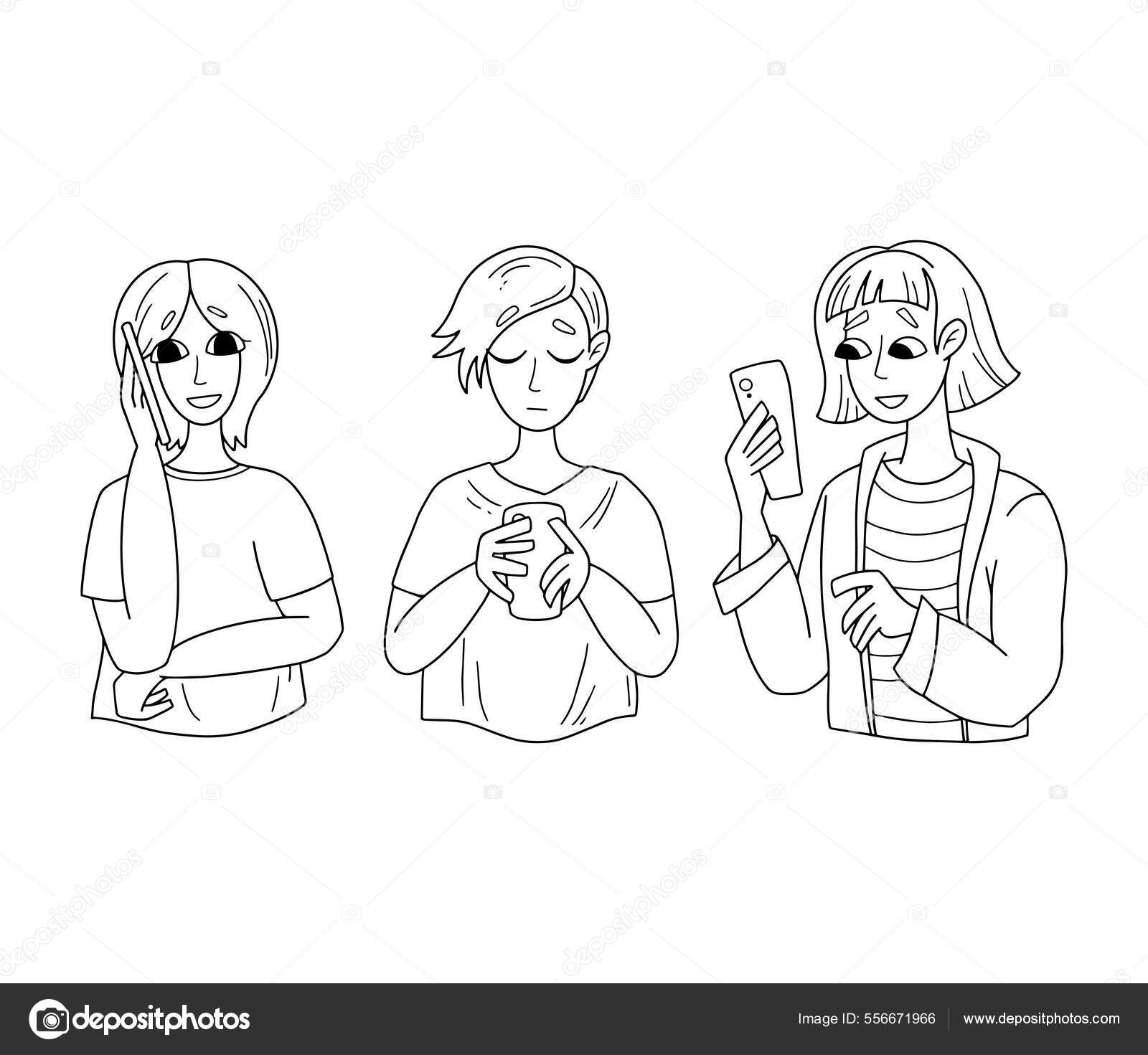 Collection Three Pretty Young Girls Talking Telephone Communication ...