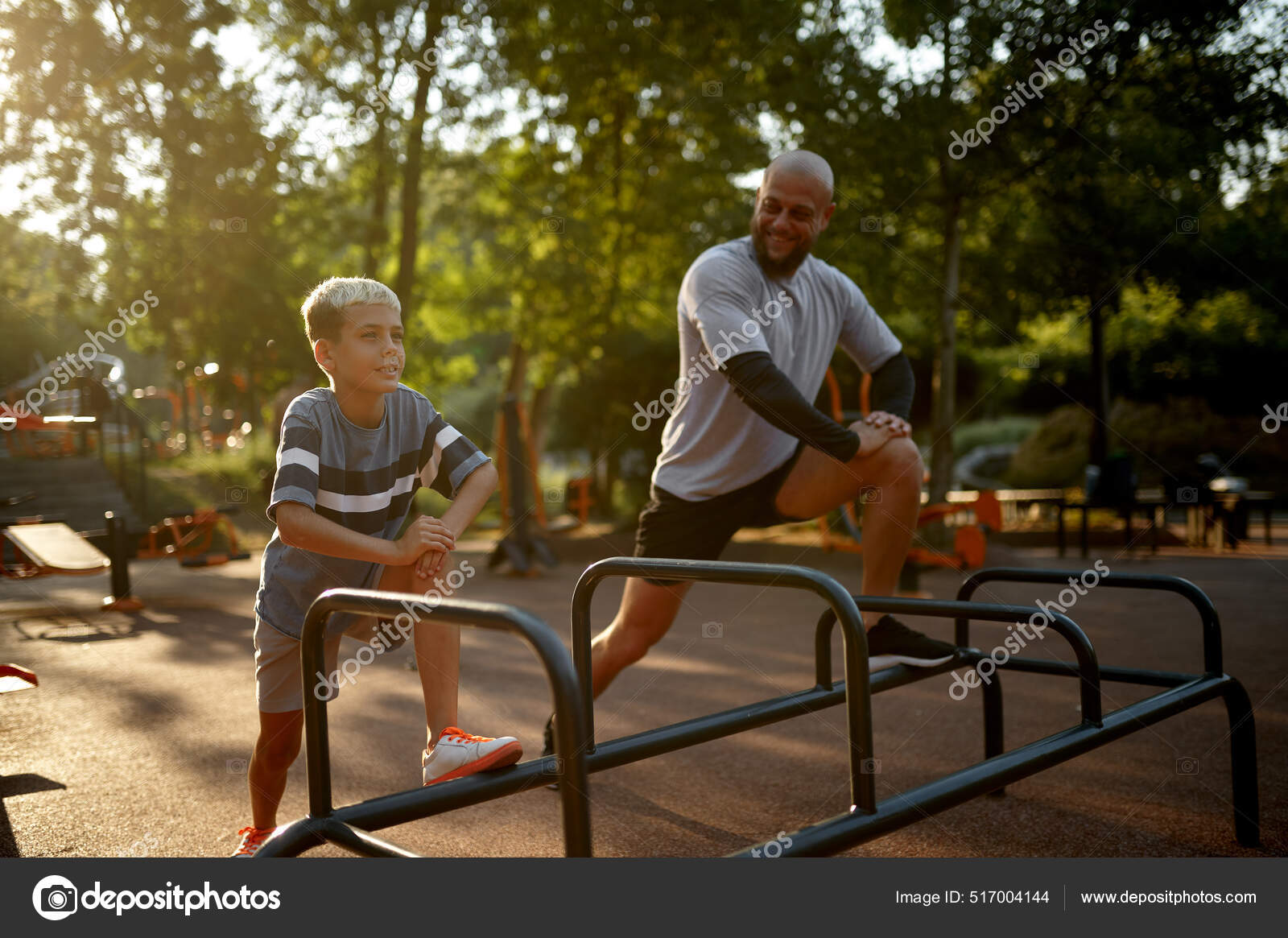 Father and boy, stretching exercise on playground — Stock Photo ...