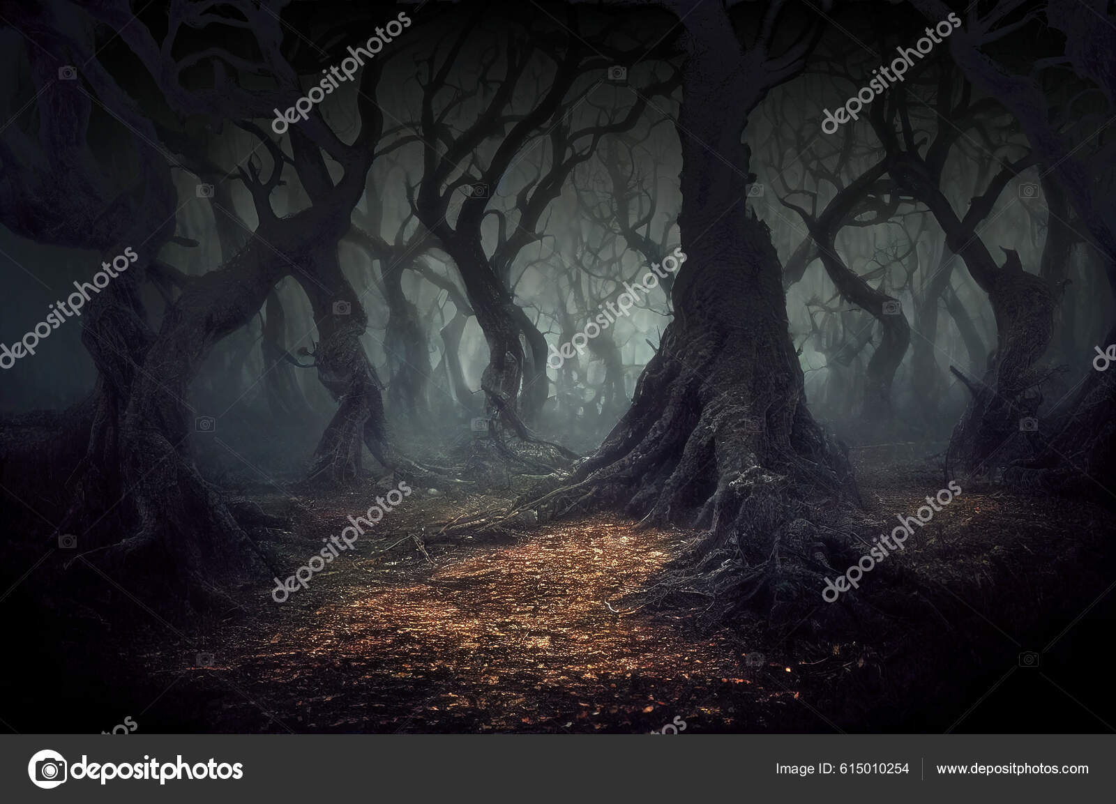 Scary Forest Night Twisted Tree Silhouettes Bare Branches Digital ...