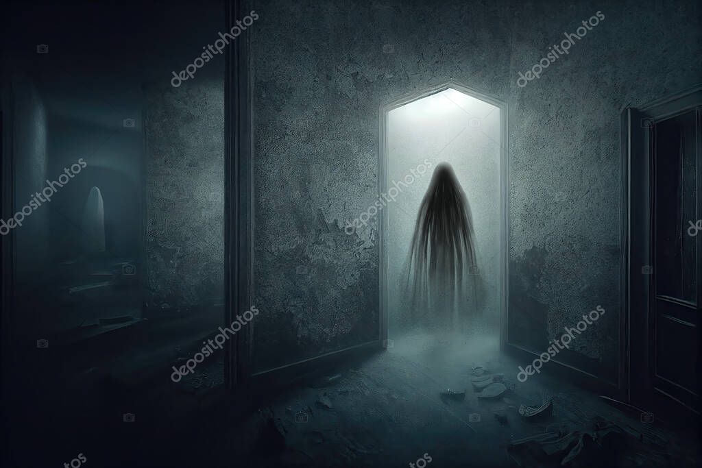 Figura fantasma espeluznante en misteriosa puerta brillante, abandonado interior de la casa ...