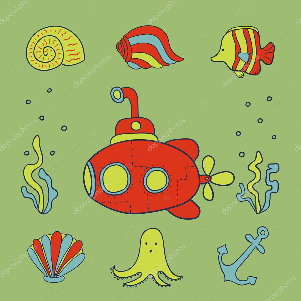Submarine with marine life set Stock Vector Image by ©texturis #34491867