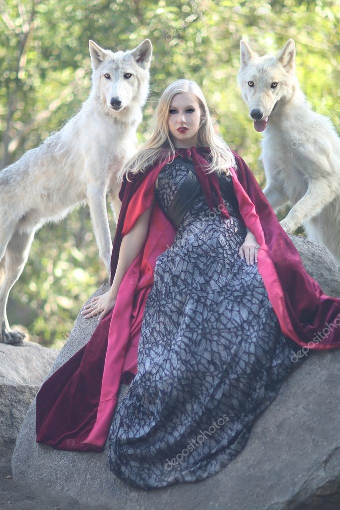Lovely Woman Posing With Wolves Outdoors — Stock Photo © tobkatrina ...