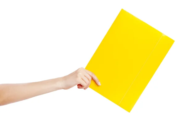 Hand holding a document folder, white background — Stock Photo ...