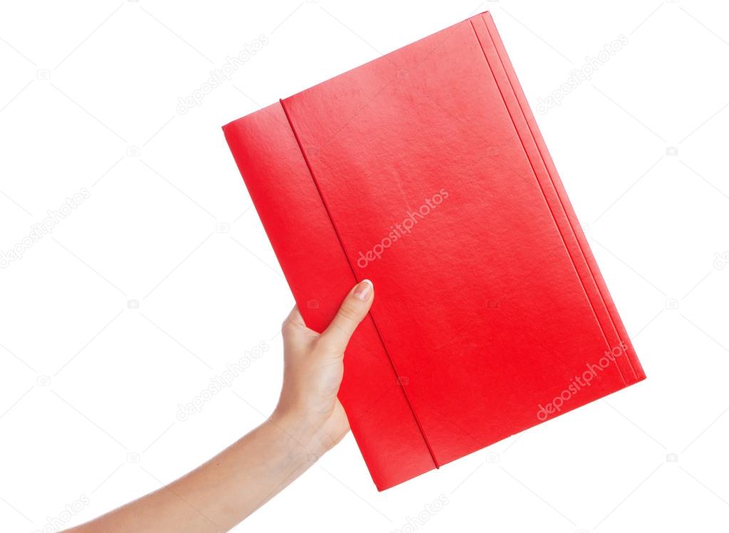 Hand holding a document folder, white background — Stock Photo ...