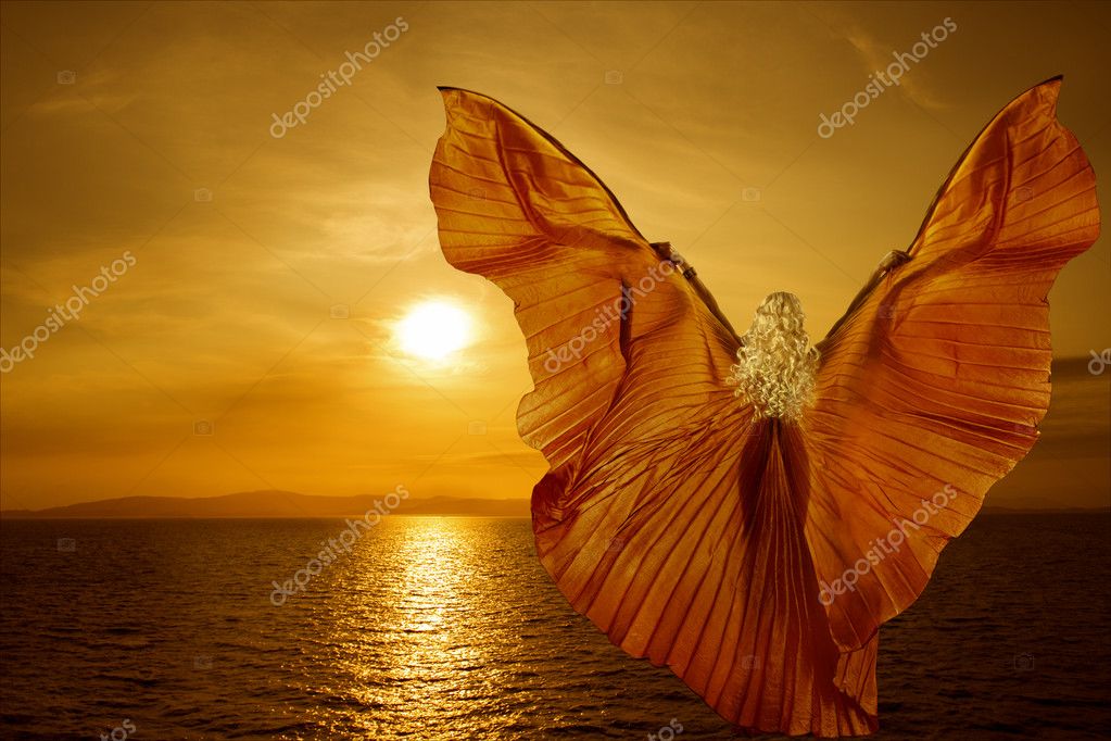 Woman Wings Transform Butterfly, flying on fantasy sunset, meditation ...