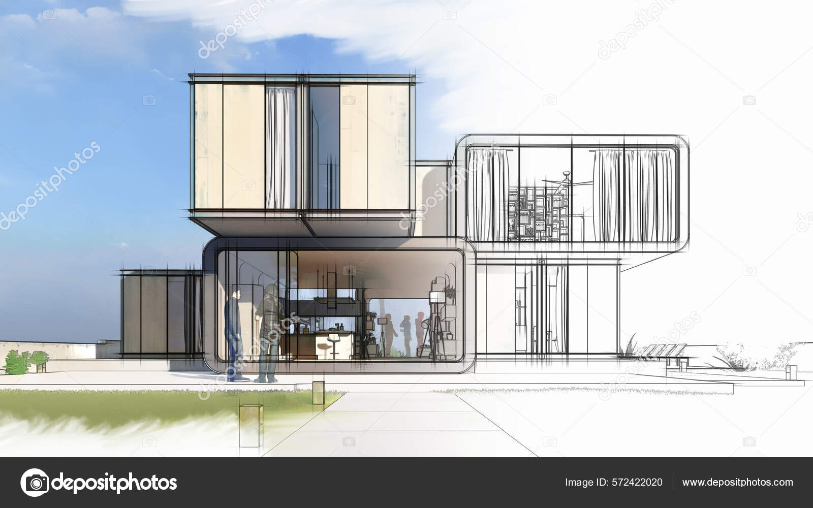 Rendering House Architecture Draft Luxury House Stock Illustration by ...