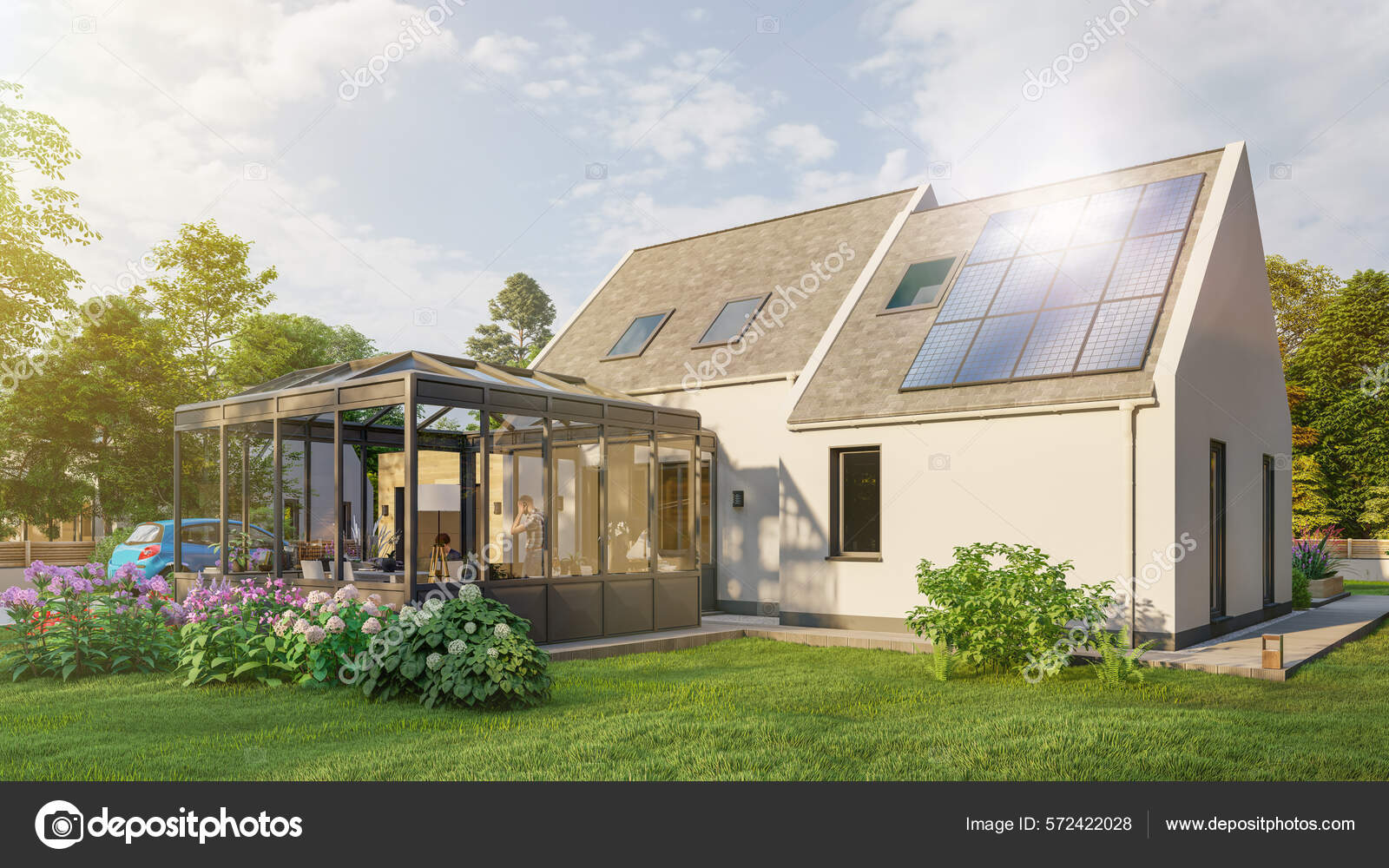 Rendering New House Traditional Style Veranda Solar Panels — Stock ...