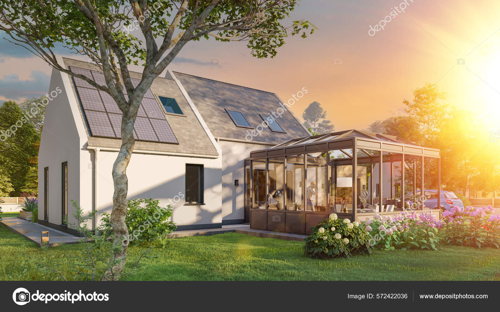 Rendering New House Traditional Style Veranda Solar Panels — Stock ...