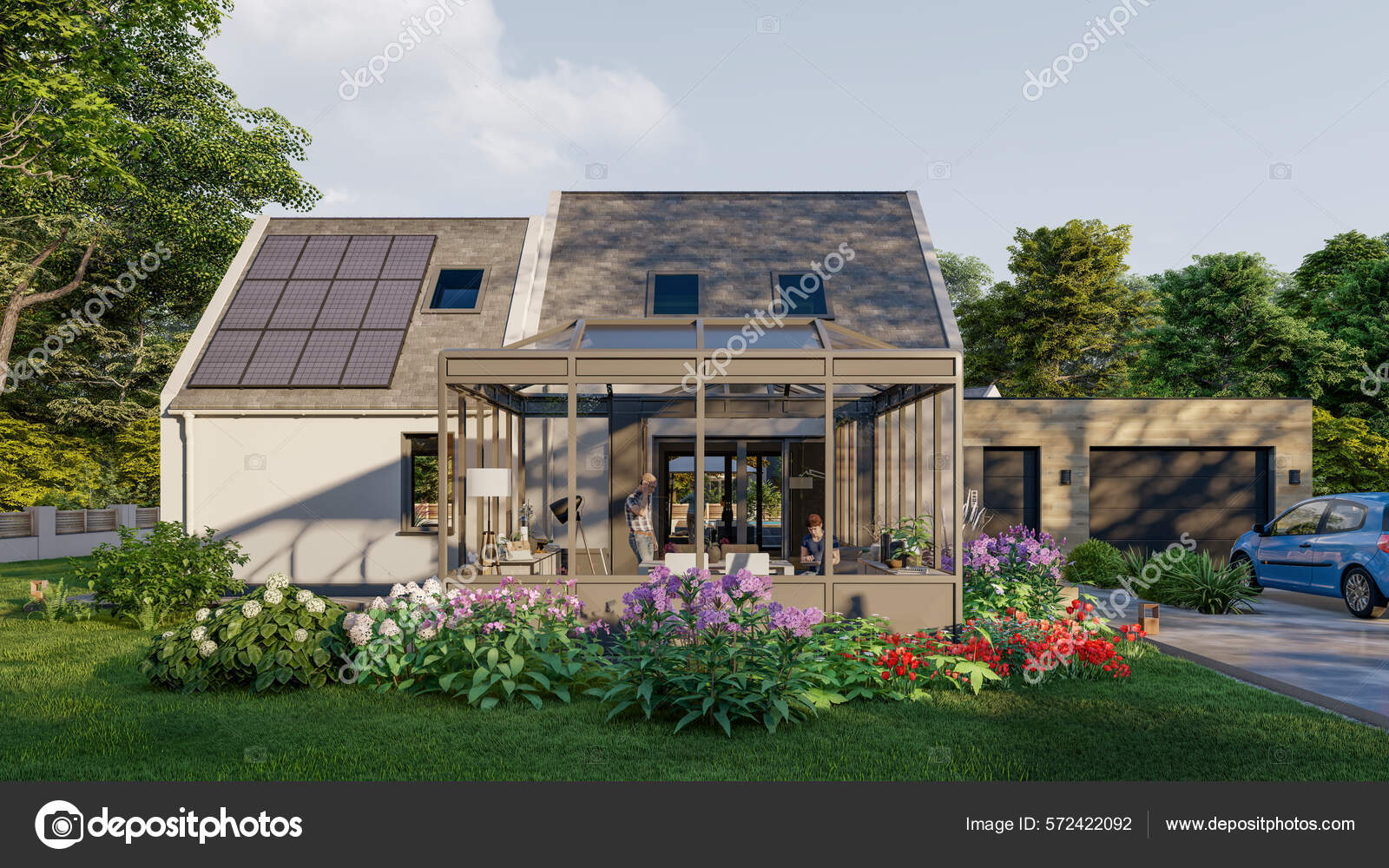 Rendering New House Traditional Style Veranda Solar Panels — Stock ...