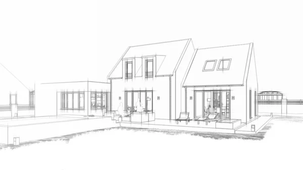 3D rendering of a house at draft stage - Stock Image - Everypixel