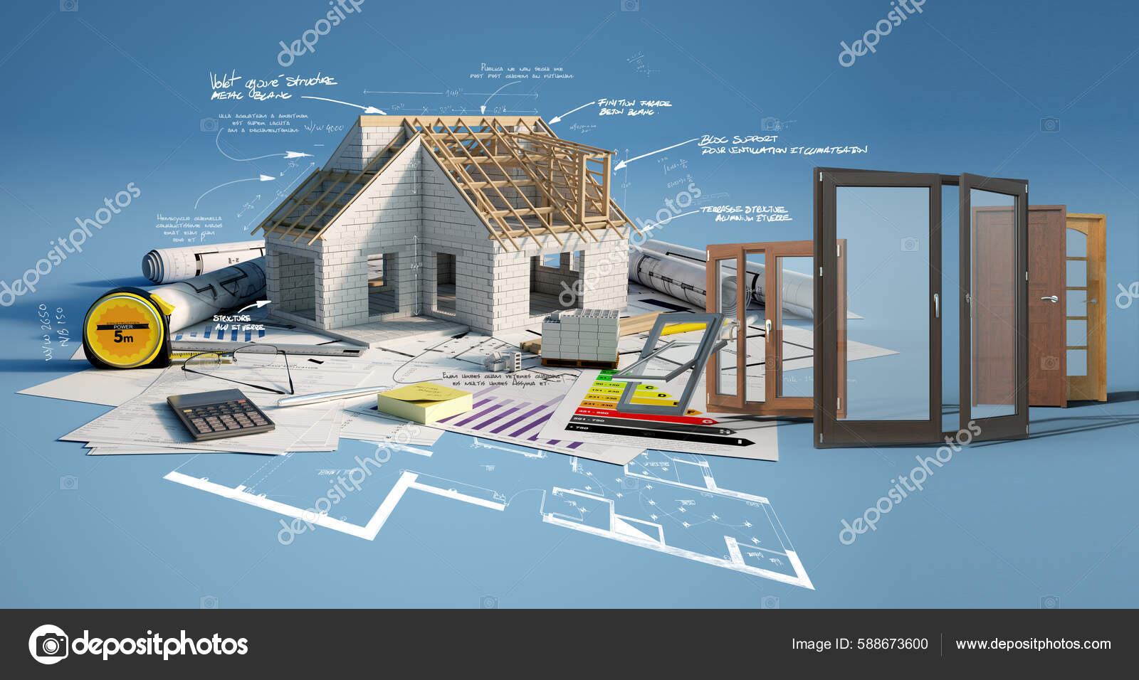 Rendering House Construction Top Blueprints Doors Windows Selection ...