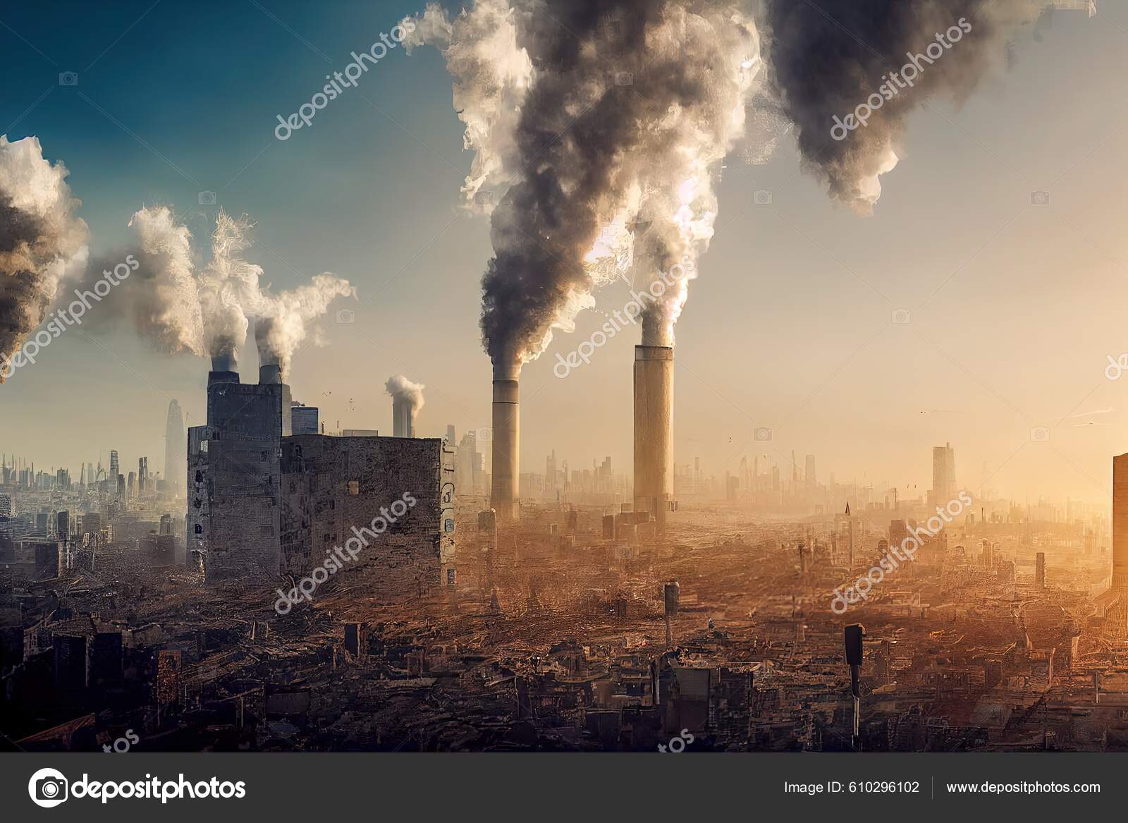 Rendering City Slums High Rise Buildings Full Fuming Chimneys Stock ...