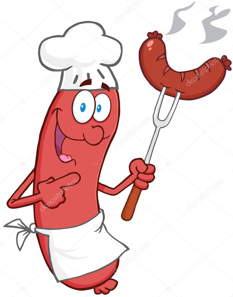 Sausage Chef Cartoon Mascot Character With Sausage On Fork Stock ...