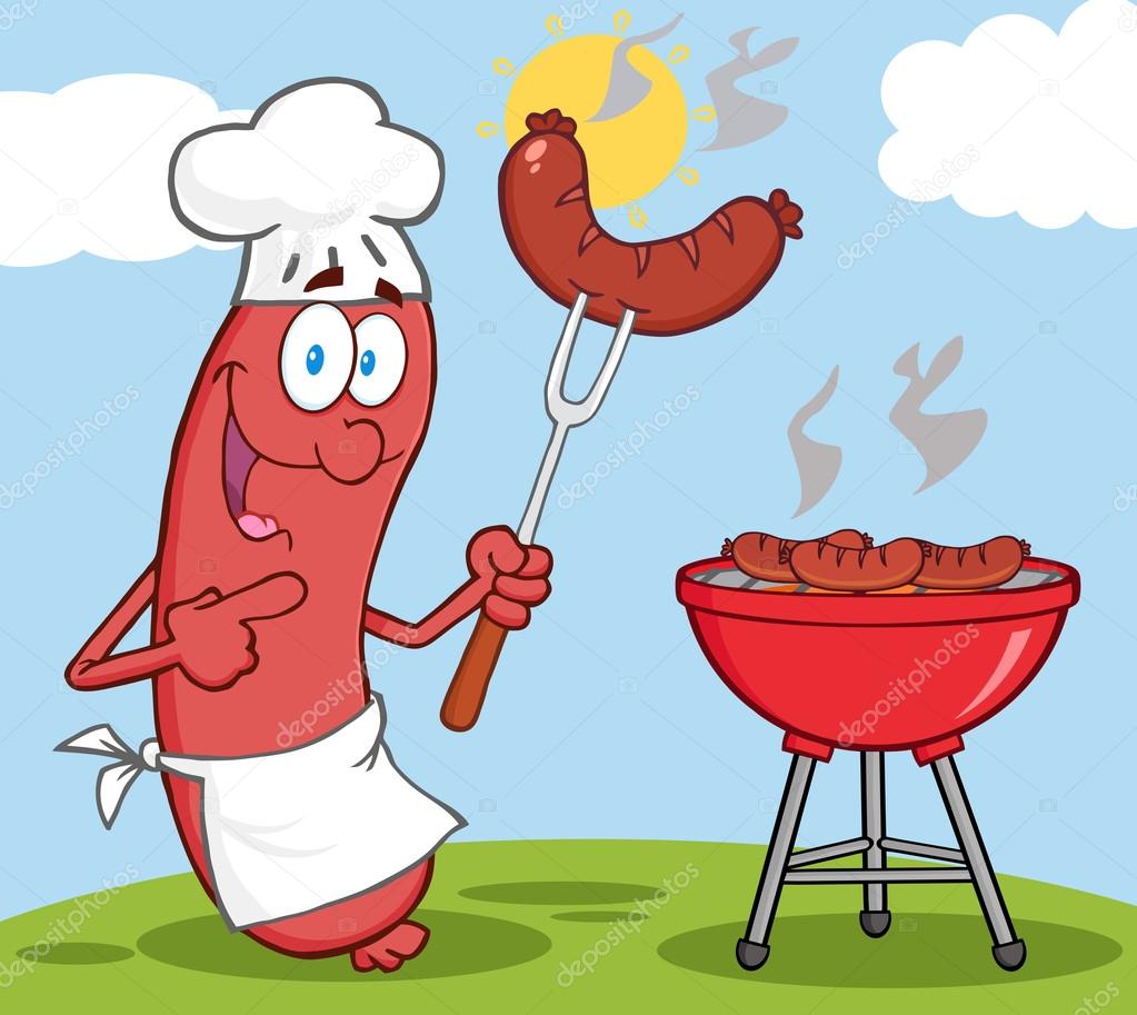 Happy Sausage Chef Cook At Barbecue Stock Illustration by ©HitToon ...