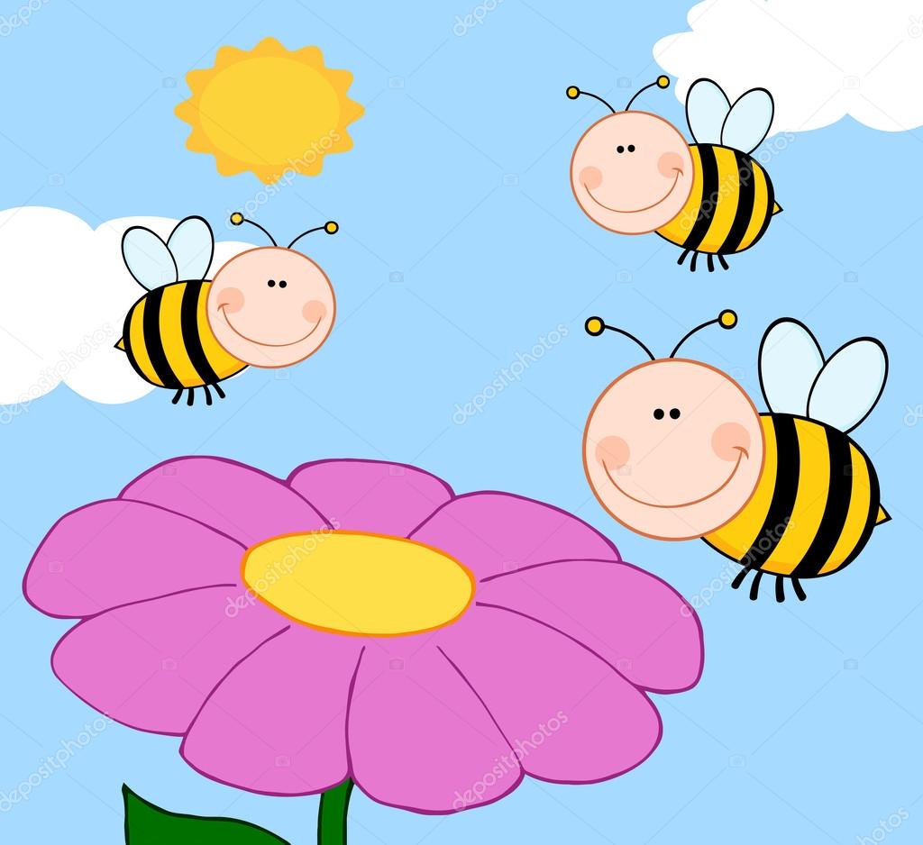 Three Bees Flying Over Flower Stock Illustration by ©HitToon #24350629