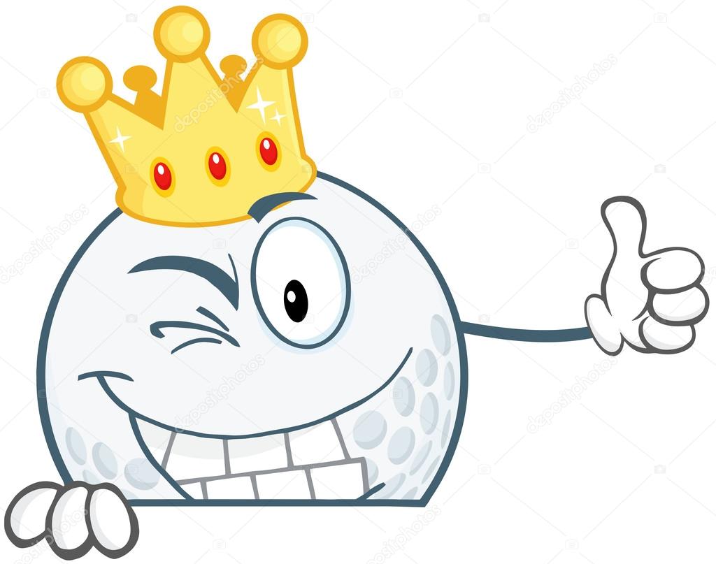 Winking Golf Ball Character With Gold Crown Holding A Thumb Up Over ...