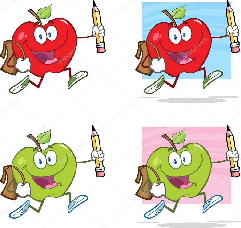 Apples With School Bag And Pencil Goes To School. Collection Stock ...