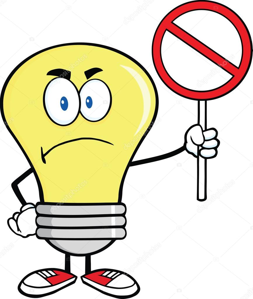 Angry Light Bulb Character Holding up A Red Forbidden Sign — Stock ...