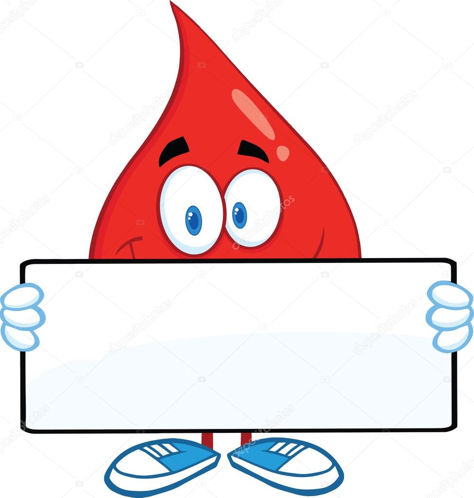 Personaje de dibujos animados de gota de sangre roja sosteniendo una ...