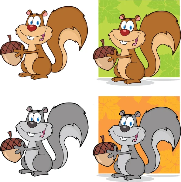Cute Squirrel Cartoon Character Holding A Acorn. Collection Set — Stock ...