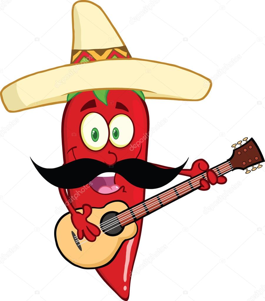 Carácter de chile rojo con sombrero mexicano y bigote tocando una ...