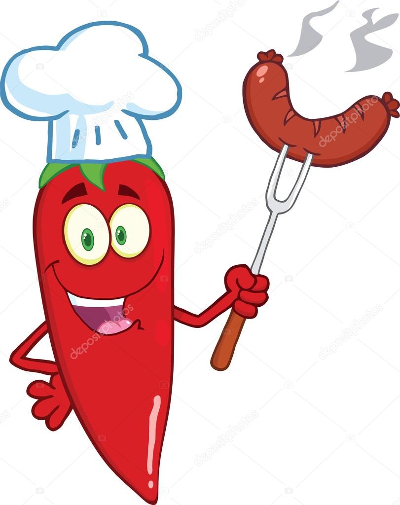 Cute Red Chili Pepper Chef With Sausage On Fork Stock Illustration by ...