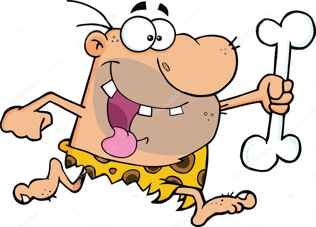 Happy Caveman Running With A Big Bone Stock Illustration by ©HitToon ...