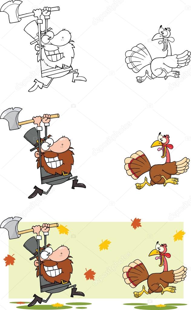 Angry Pilgrim Man Chasing With Axe A Turkey Collection Set Stock ...