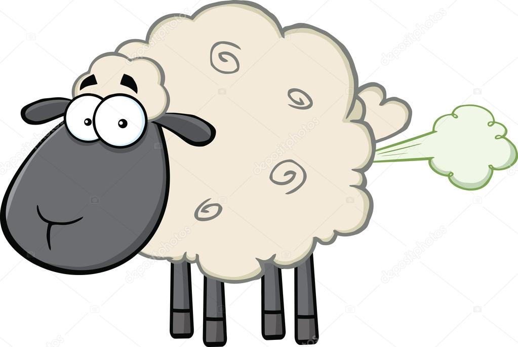 Schattig zwart hoofd schapen cartoon mascotte karakter met scheet cloud ...