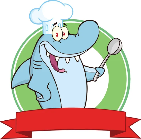 Chef Shark With Big Spoon Label - Stock Image - Everypixel