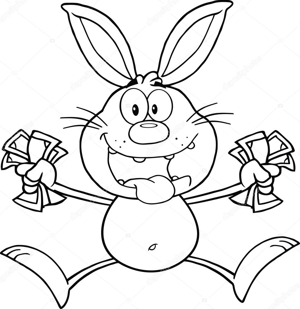 Black And White Rich Rabbit Character Jumping With Cash Stock ...