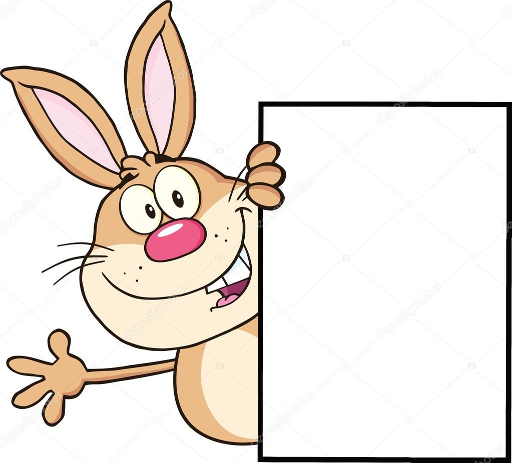Cute Rabbit Character Looking Around A Blank Sign And Waving Stock ...