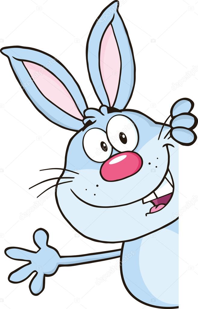Blue Rabbit Cartoon Character Looking Around A Blank Sign And Waving ...