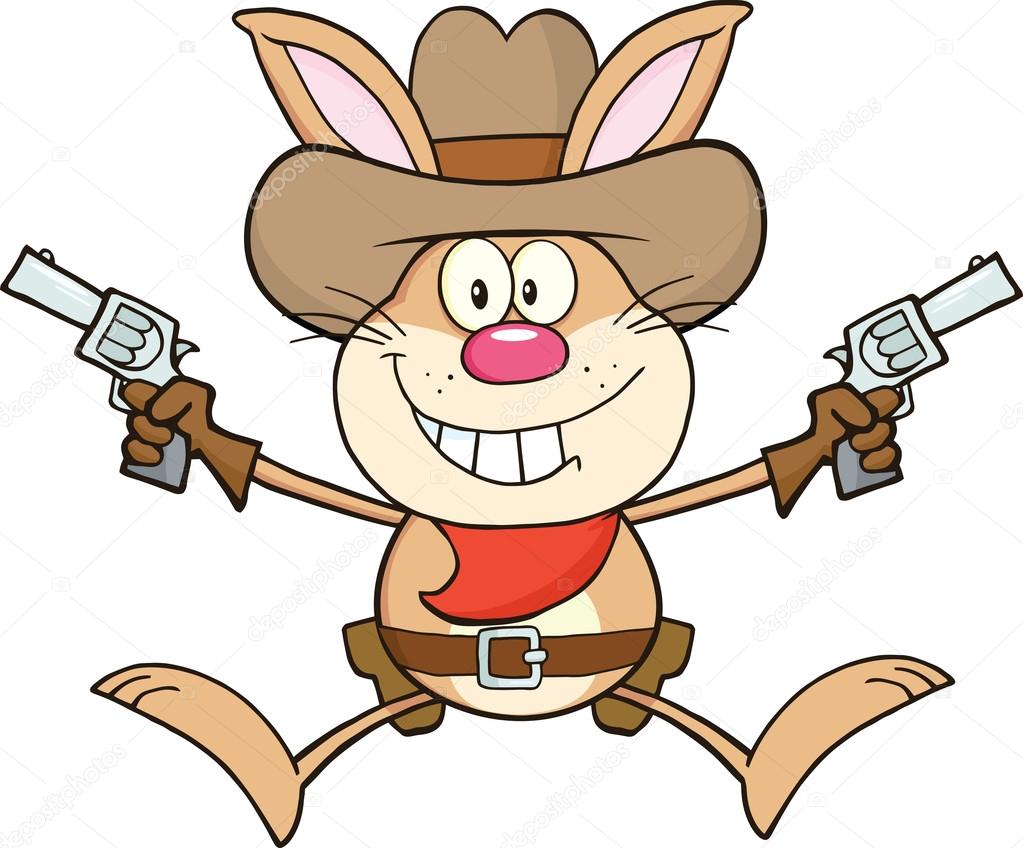 Cowboy Rabbit Cartoon Character Holding Up Two Revolvers Stock ...