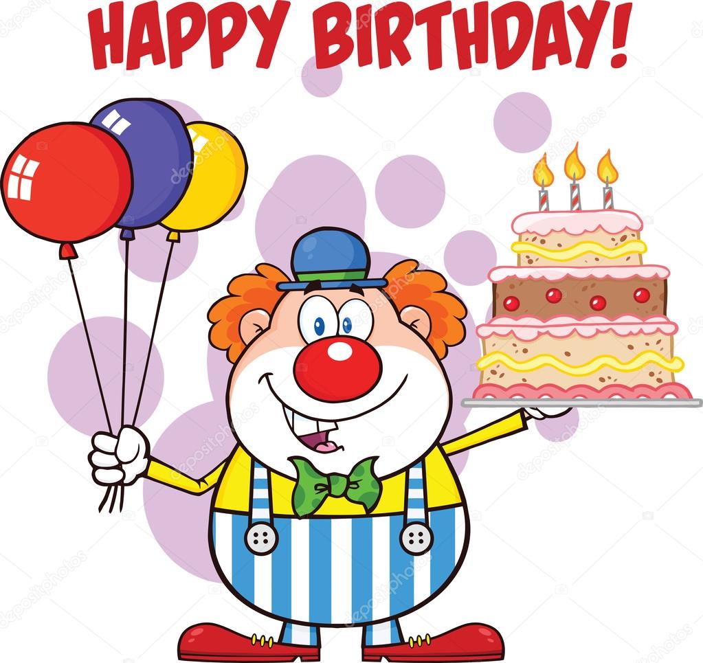 Feliz cumpleaños con payaso personaje de dibujos animados con globos y pastel con velas ...