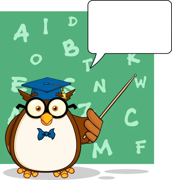 Wise Owl Teacher Cartoon Mascot Character In Front Of School Chalk ...