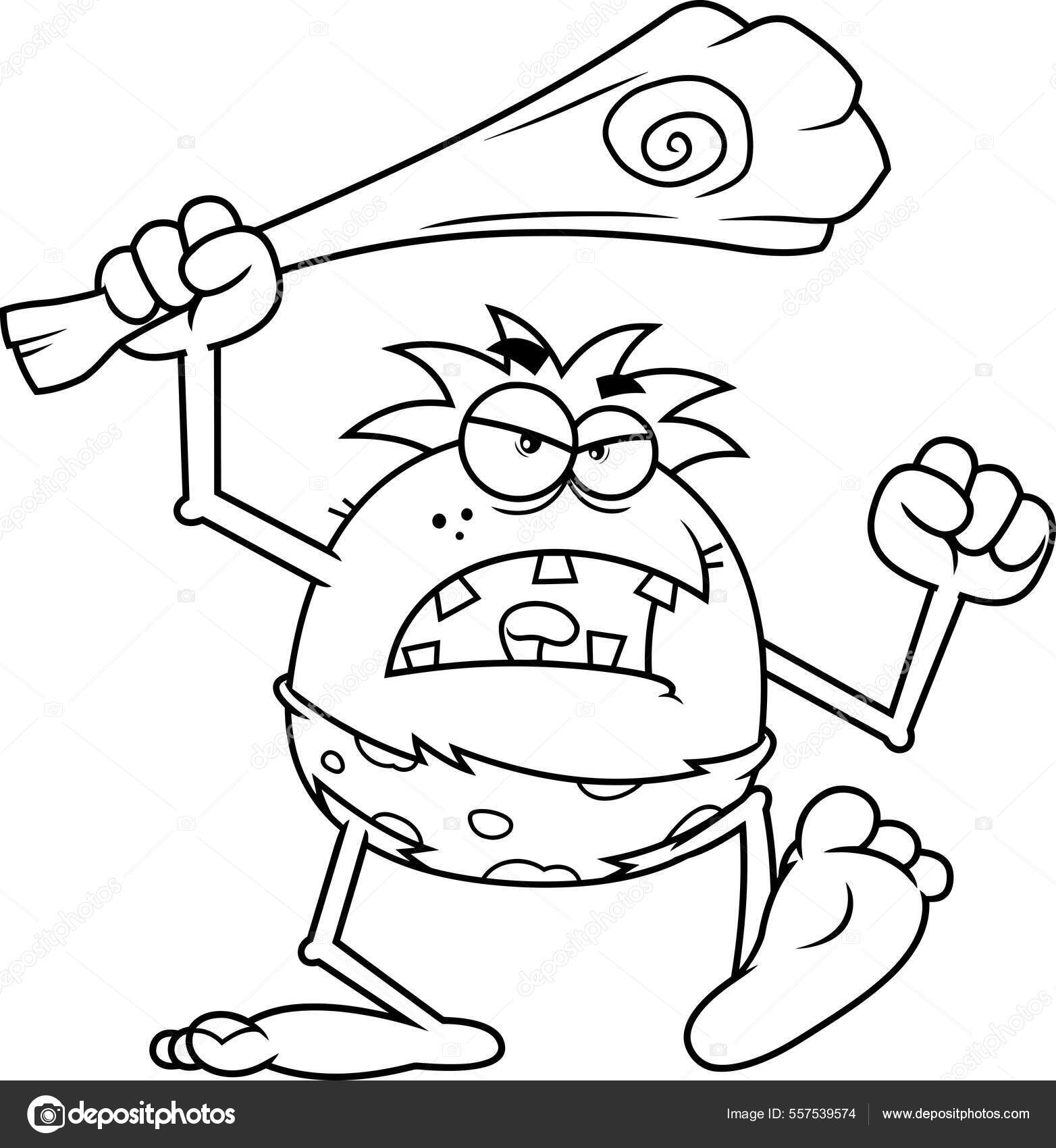 Esbozado Angry Caveman Cartoon Character Swinging Club Ilustración ...